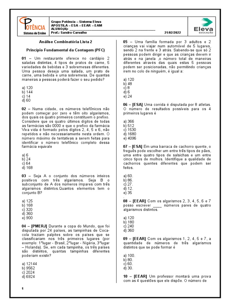 Análise Combinatória Aula 01 PFC 21 02 2022 EAM ESA EEAR Lista 2 | PDF | Cor