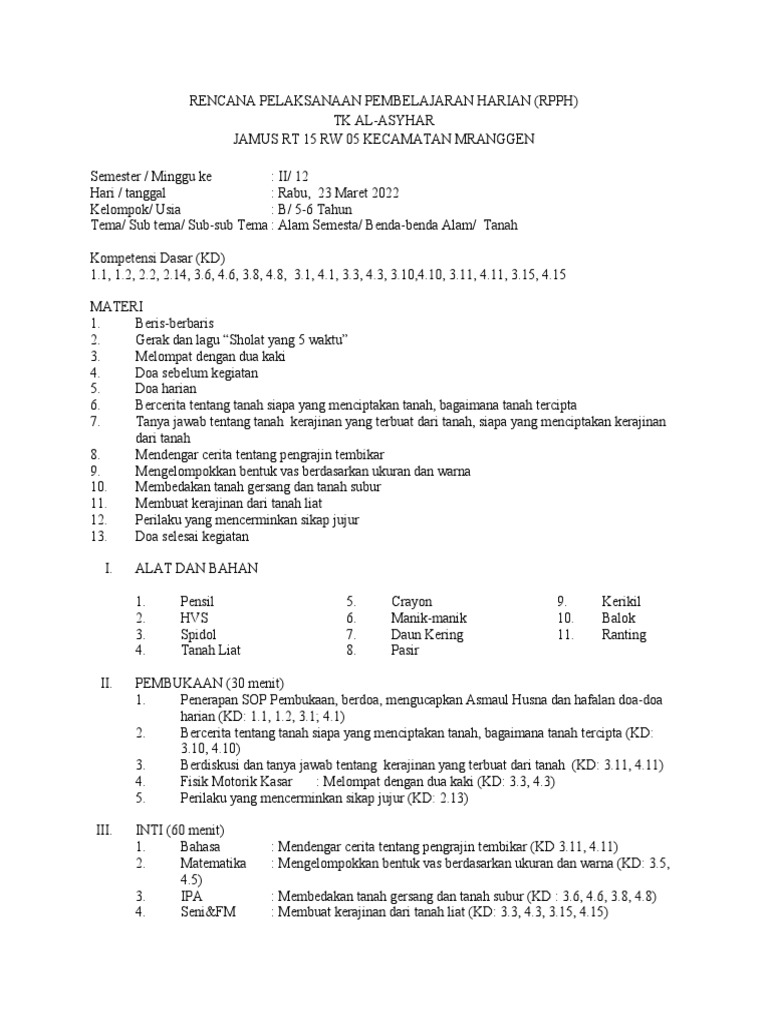 RPPH TK B AREA Semester 2 Minggu 12 Benda-Benda Alam Ciptaan Allah Dan ...