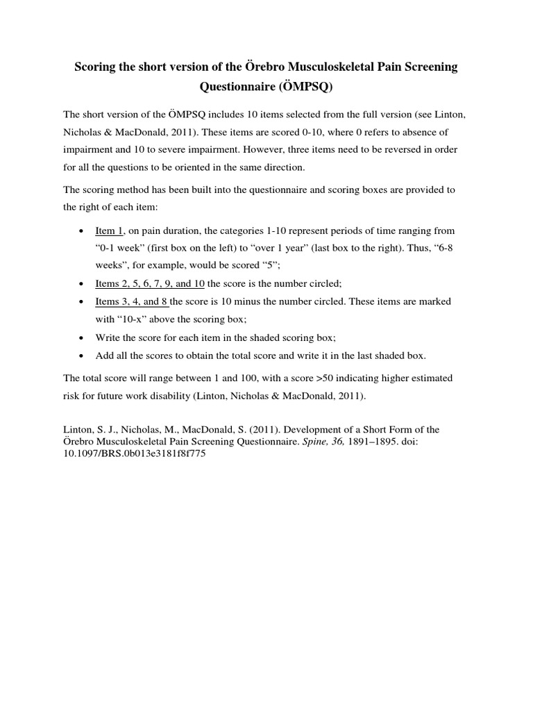Orebro Questionnaire Scoring Guide | PDF