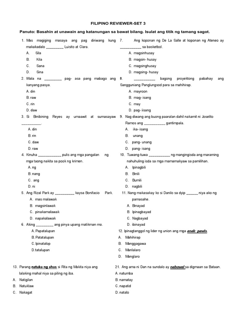 Filipino - Reviewer - Set 3 and 4 With Answers | PDF