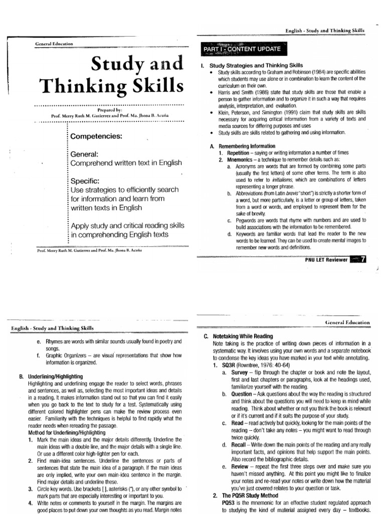 Study and Thinking Skills Guide | PDF | Speed Reading | Cognitive Science