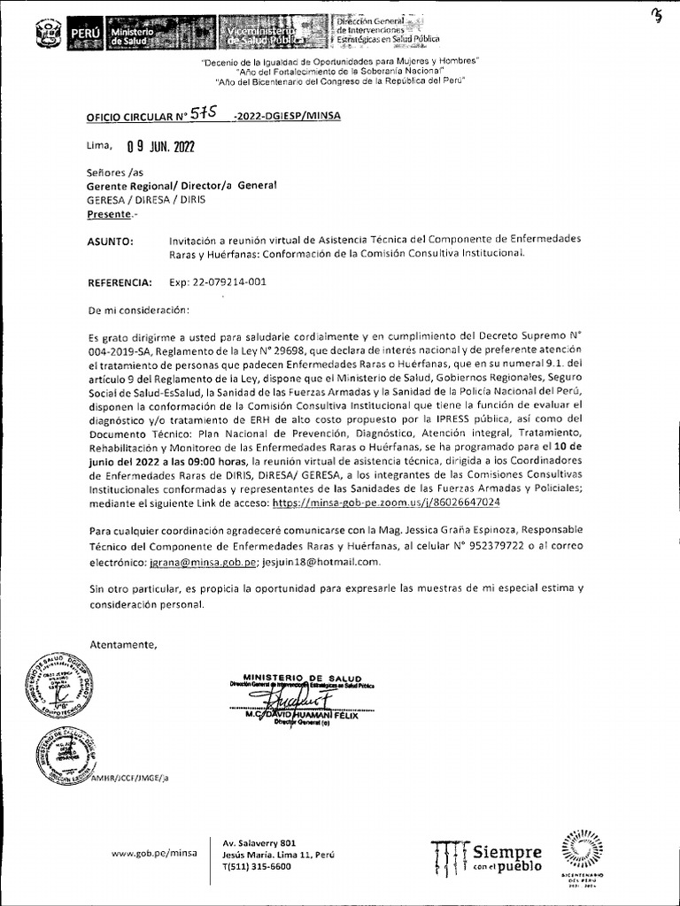 OFICIO CIRCULAR #575-2022-DGIESP-MINSA - Invitación DIRESA DIRIS - 10 Junio-1 | PDF