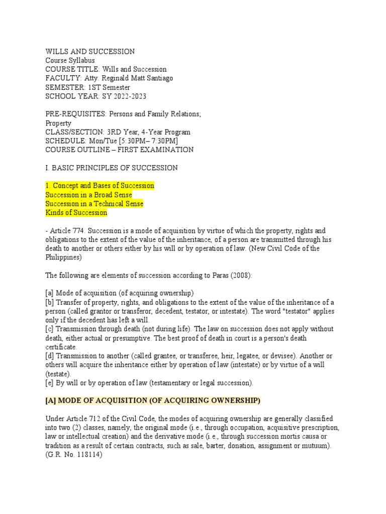 Wills and Succession - Notes | PDF | Will And Testament | Inheritance