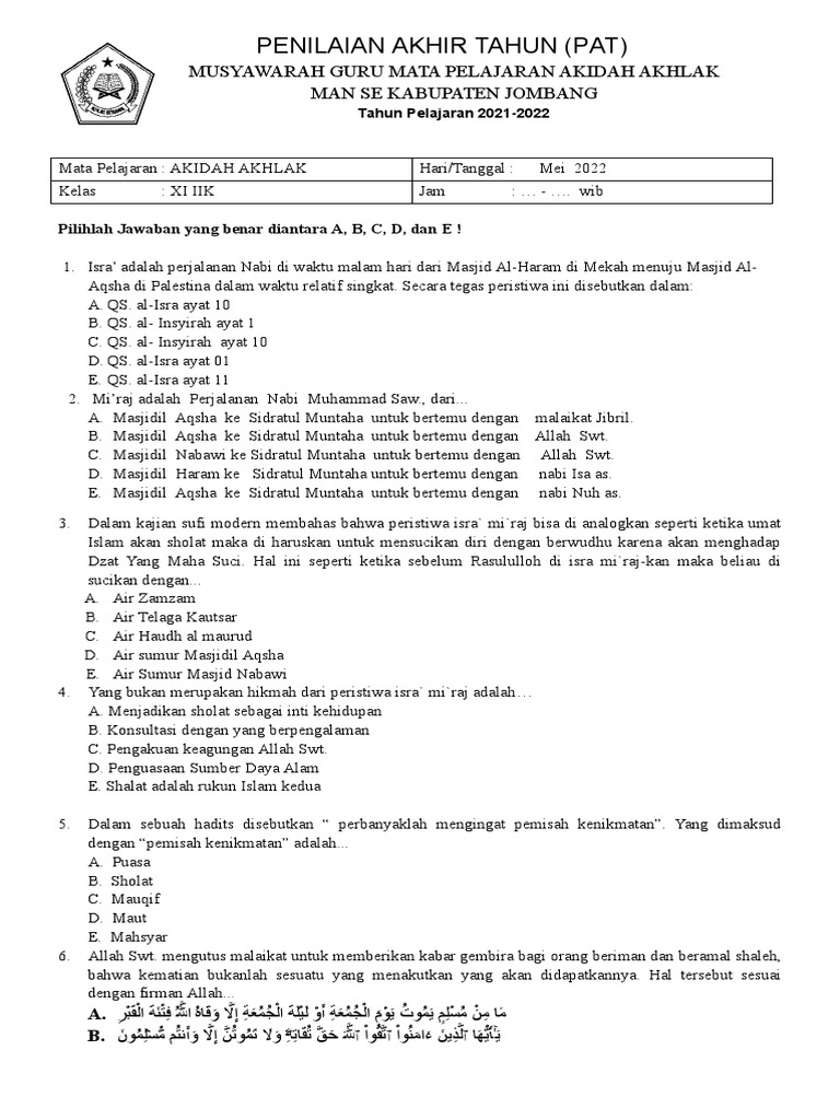 PAT Akidah Akhlak MAN Jombang | PDF