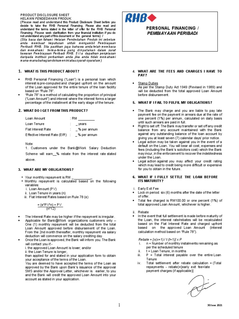 RHB-Product Disclosure Sheet-Personal Financing | PDF | Loans | Interest