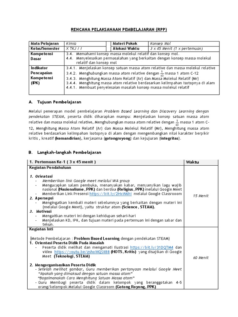 rpp-kimia-kelas-10-KONSEP MOL | PDF