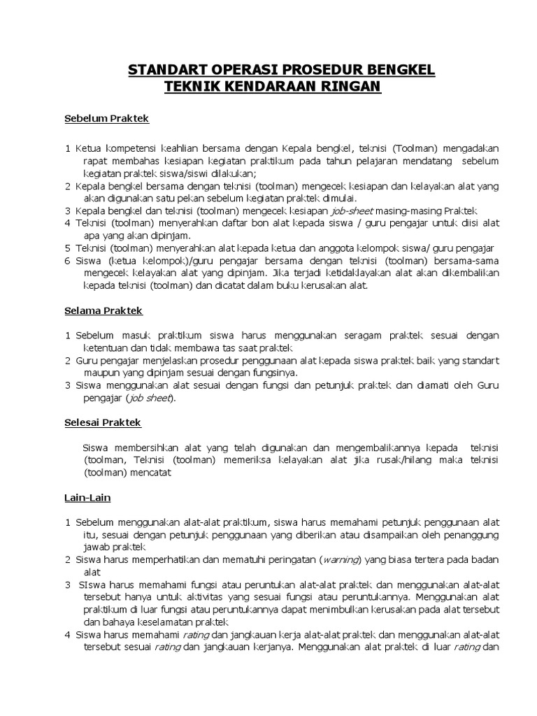 Sop Bengkel TKR | PDF