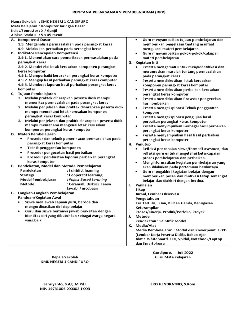 RPP Komputer Jaringan Dasar 3.9&4.9 | PDF