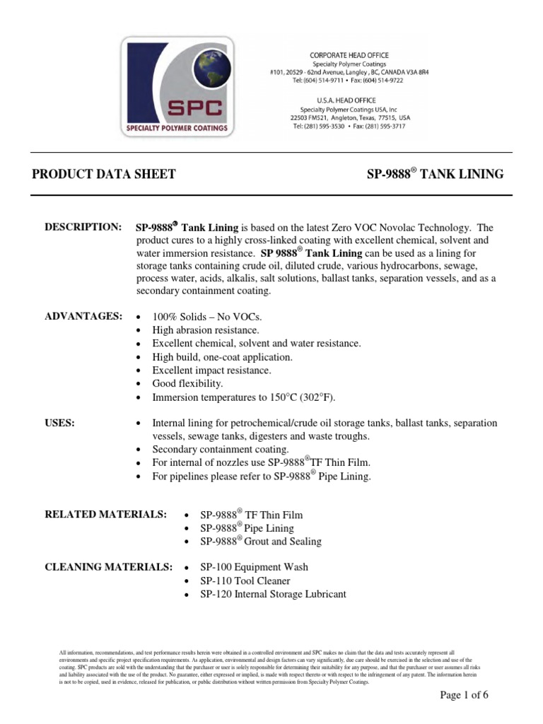 Product Data Sheet SP-9888 Tank Lining | PDF | Sodium Hydroxide | Ethanol