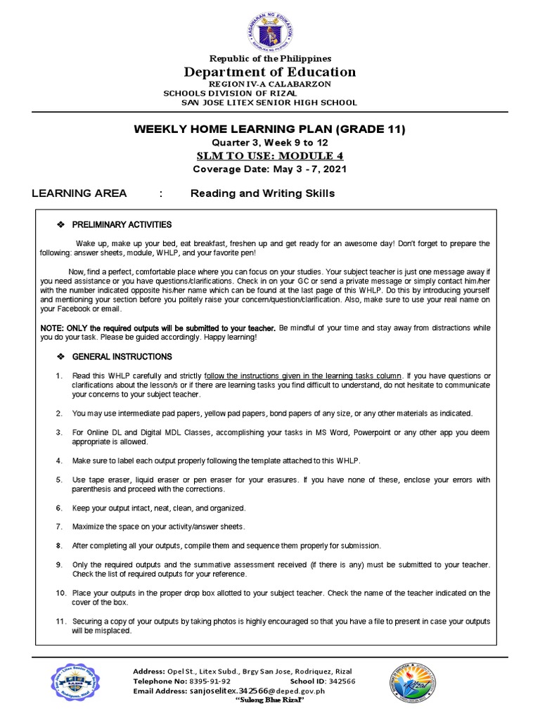 Department of Education: Weekly Home Learning Plan (Grade 11) SLM To Use: Module 4 | PDF ...