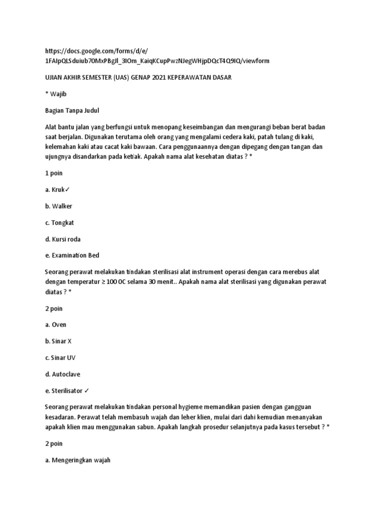UAS Keperawatan Dasar 2021: Soal dan Jawaban | PDF