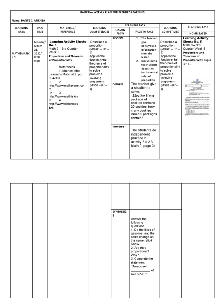 RAISEPlus WEEKLY PLAN FOR BLENDED LEARNING FOR MATH9 | PDF | Learning | Mathematics