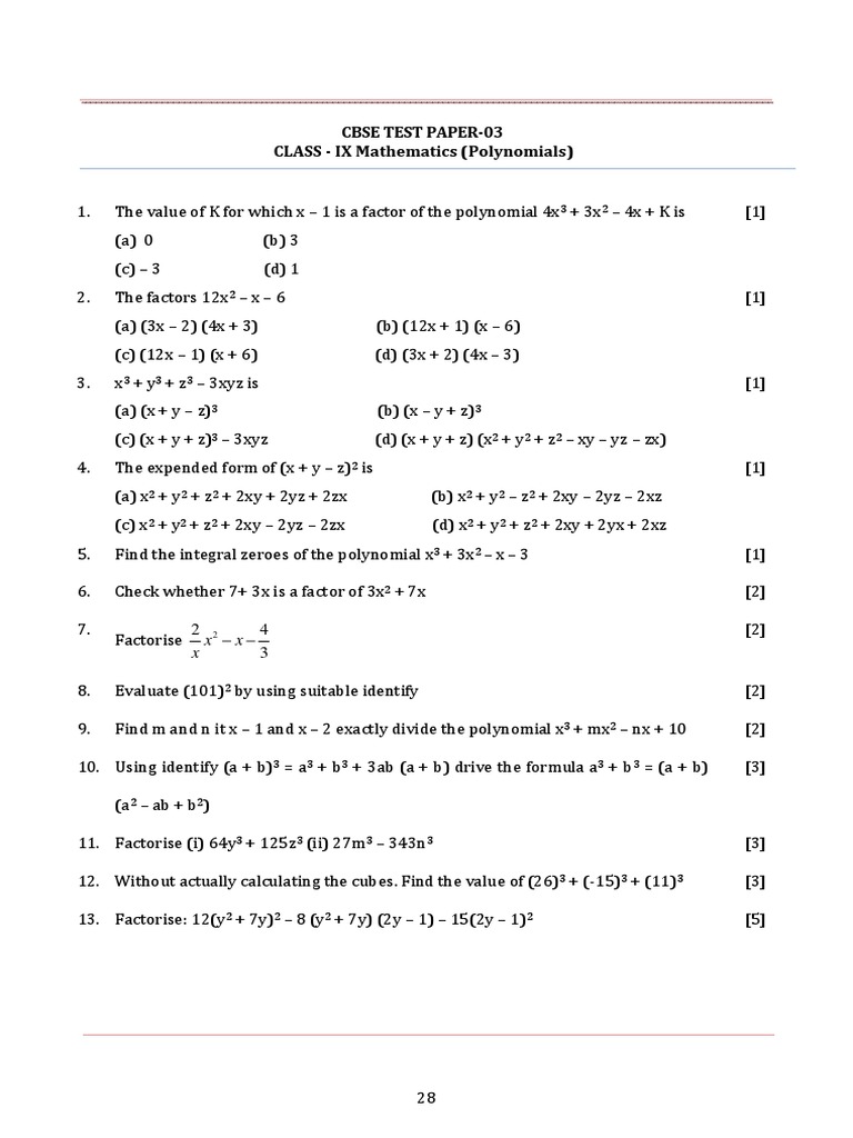 Polynomials Imp Question Paper 3 | PDF