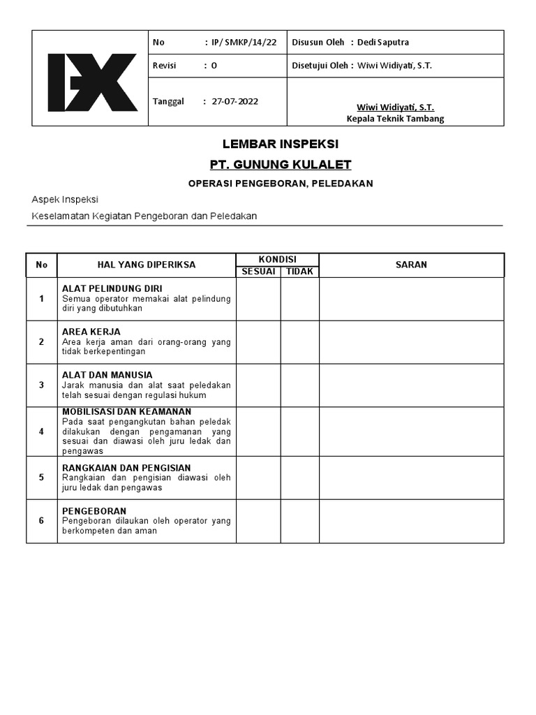 Lembar Inspeksi Kegiatan Pengeboran, Peledakan | PDF