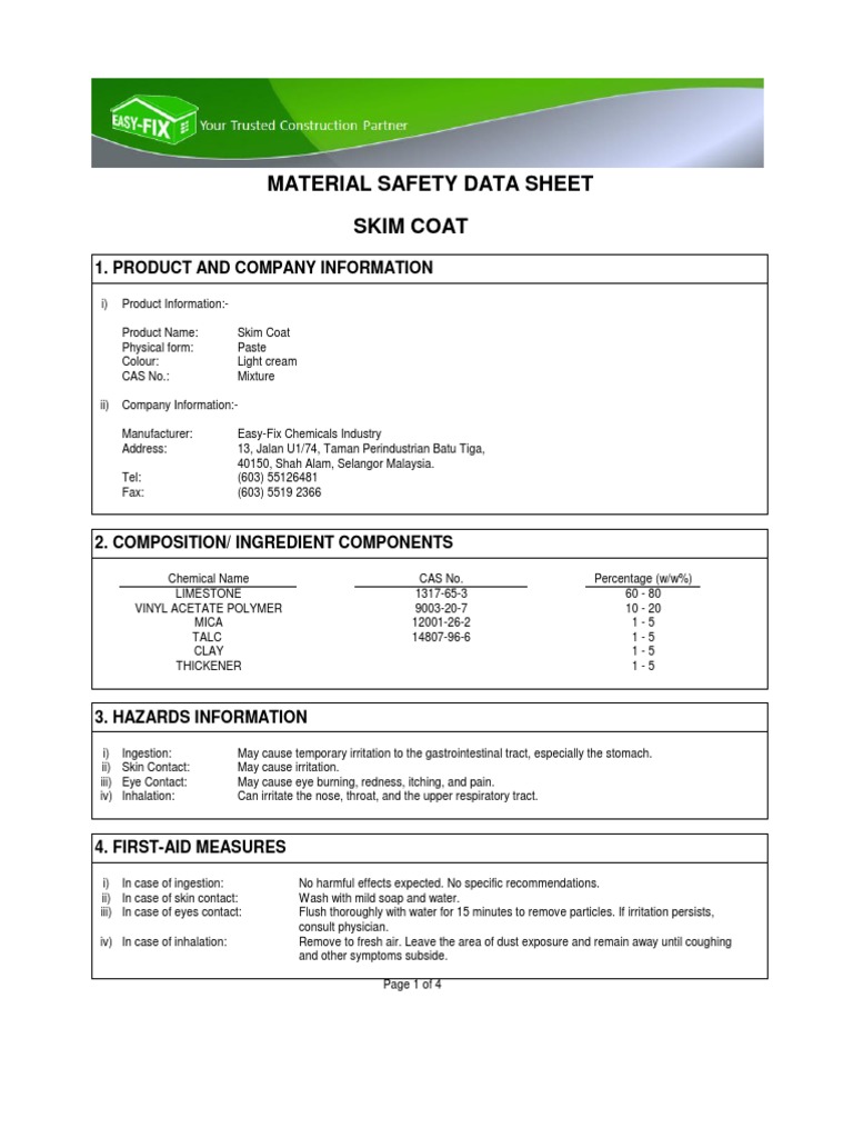 Material Safety Data Sheet Skim Coat: 1. Product and Company ...