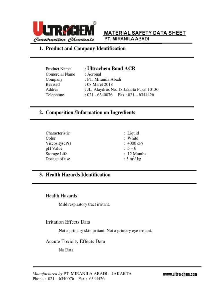 MSDS Ultrachem Bond Acr | PDF | Water | Breathing