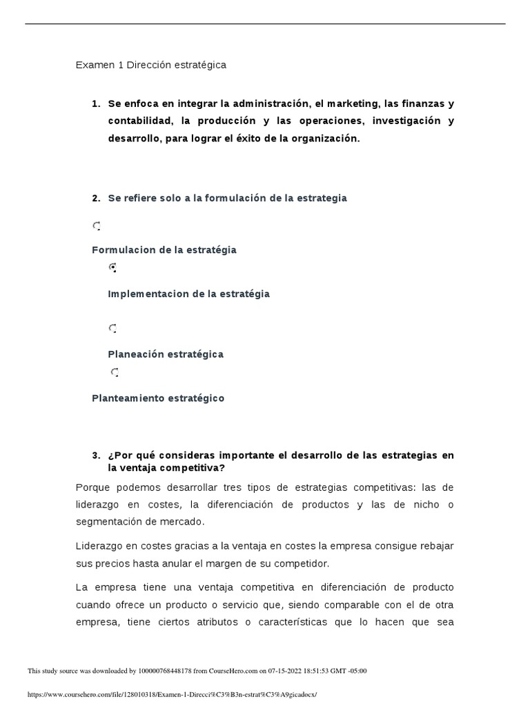 Examen 1 Direcci N Estrat Gica | PDF | Mercado (economía) | Business