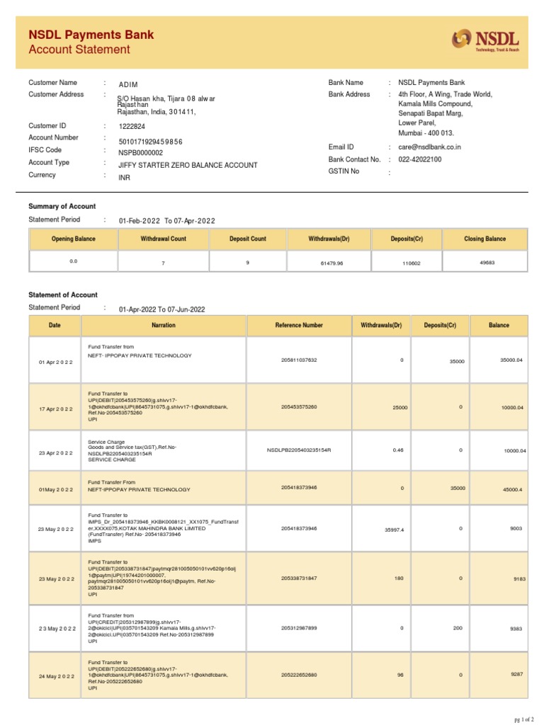 Account Statement: NSDL Payments Bank | PDF | Banks | Financial Technology