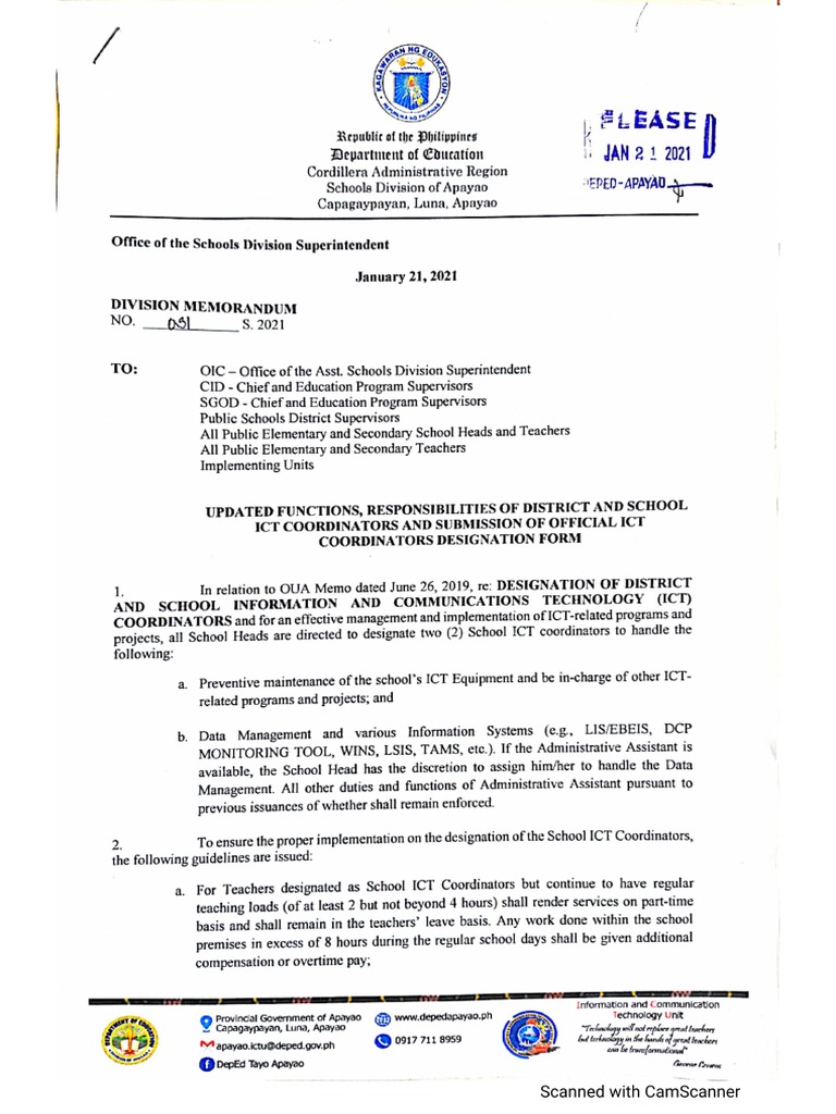 DM No. 31 s.2021 Updated Functions Responsibilities of District and ...