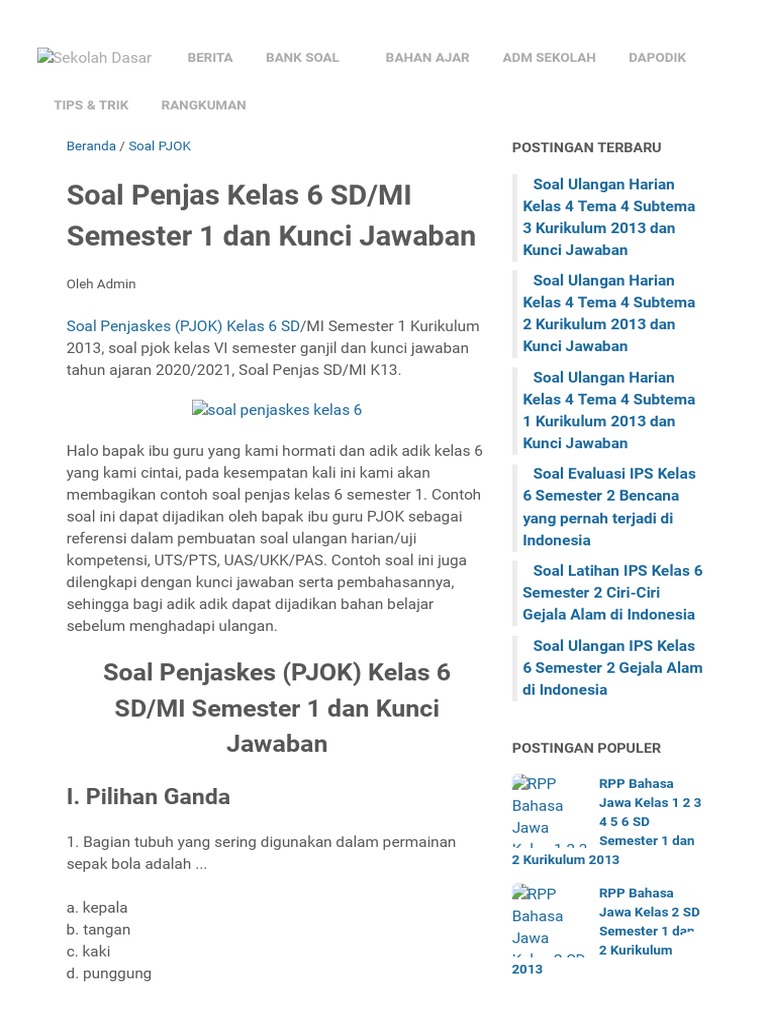 Soal Penjas Kelas 6 SD - MI Semester 1 Dan Kunci Jawaban - Sekolah Dasar | PDF