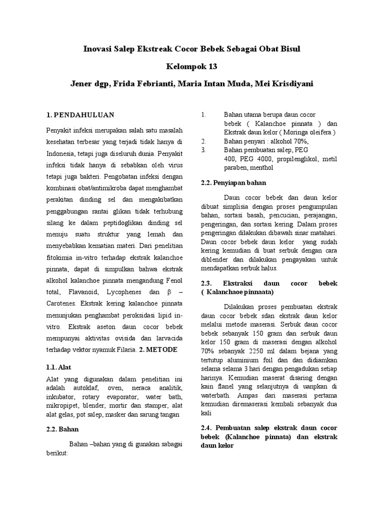 Inovasi Salep Ekstreak Cocor Bebek Sebagai Obat Bisul | PDF