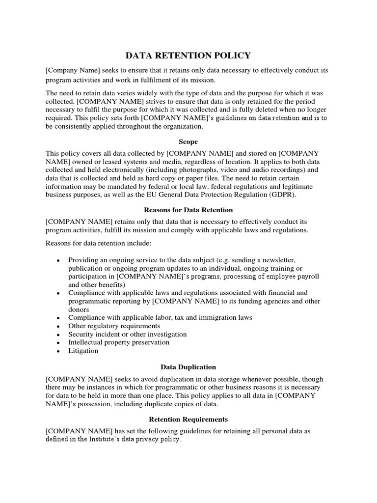 Data Retention Policy Template | PDF | Regulatory Compliance | Employment
