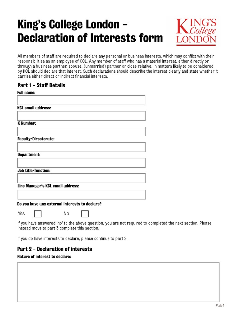 King's College London - Declaration of Interests Form: Part 1 - Staff ...