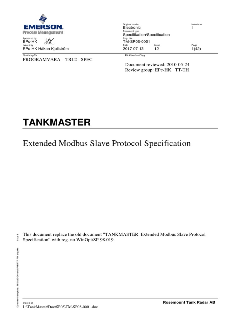 TM-SP08-0001, Extended Modbus Slave Protocol Specification | PDF | Specification (Technical ...