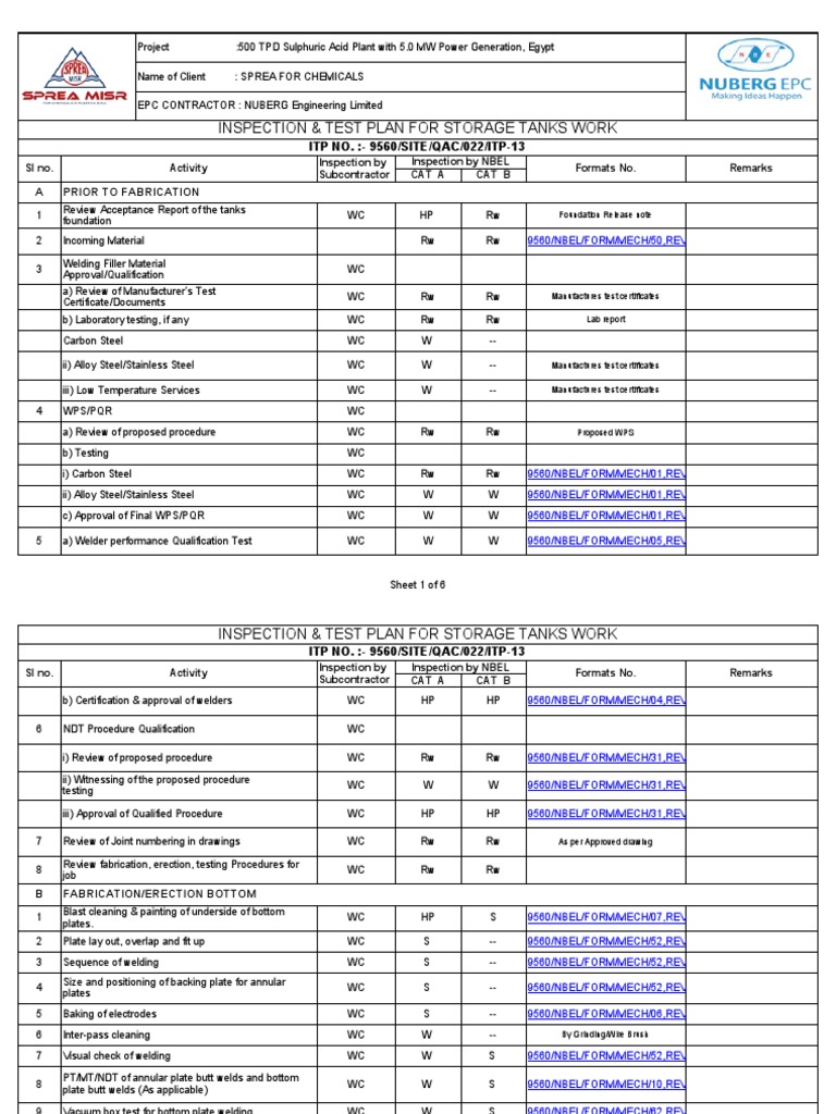 Inspection & Test Plan For Storage Tanks Work: ITP NO.:-9560/SITE/QAC ...