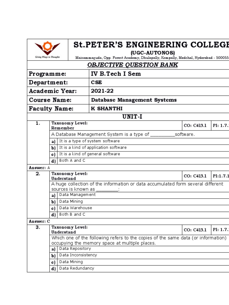 Dbms Objective Question Bank - Anonymous | PDF | Relational Database | Relational Model