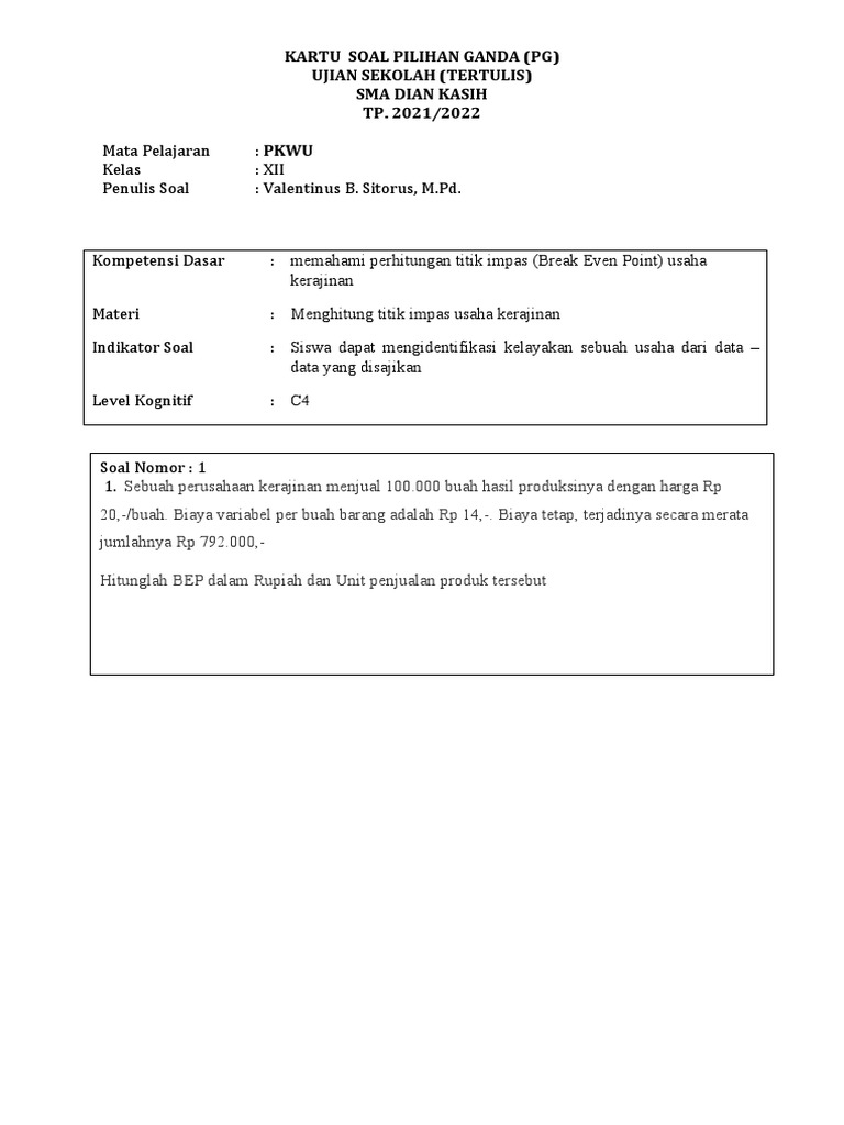 Kartu Soal Uraian Pkwu | PDF