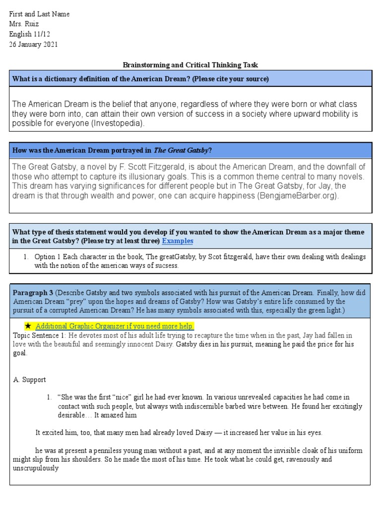 The Great Gatsby Theme Essay The American Dream | Descargar gratis PDF ...