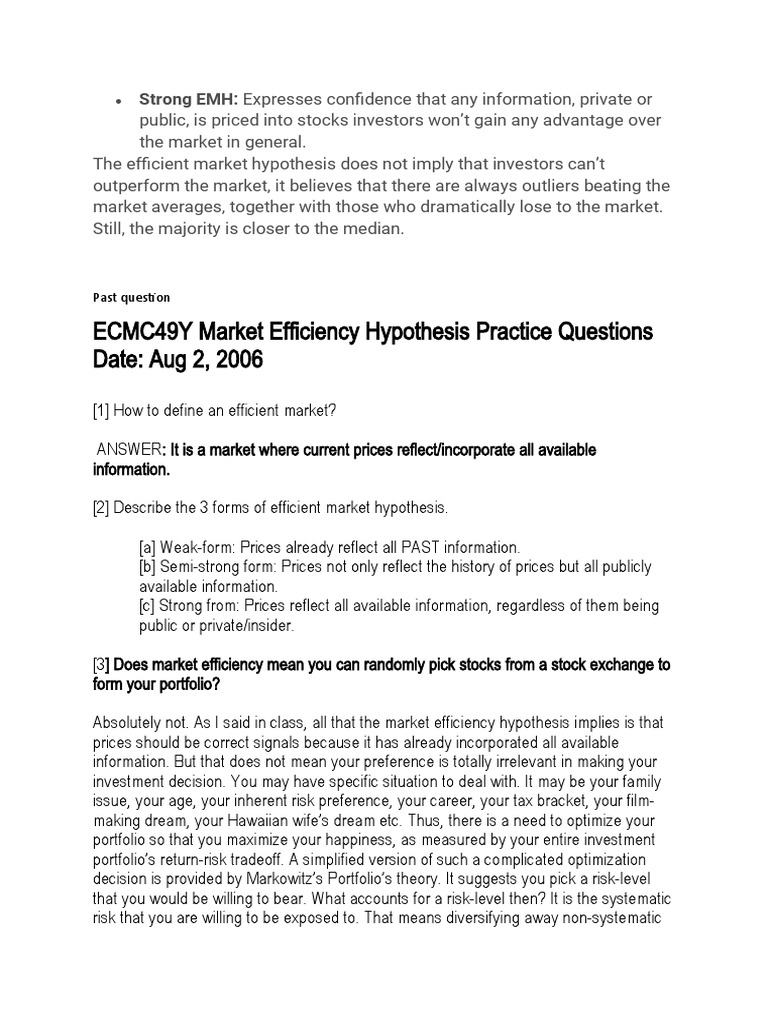 ECMC49Y Market Efficiency Hypothesis Practice Questions Date: Aug 2 ...