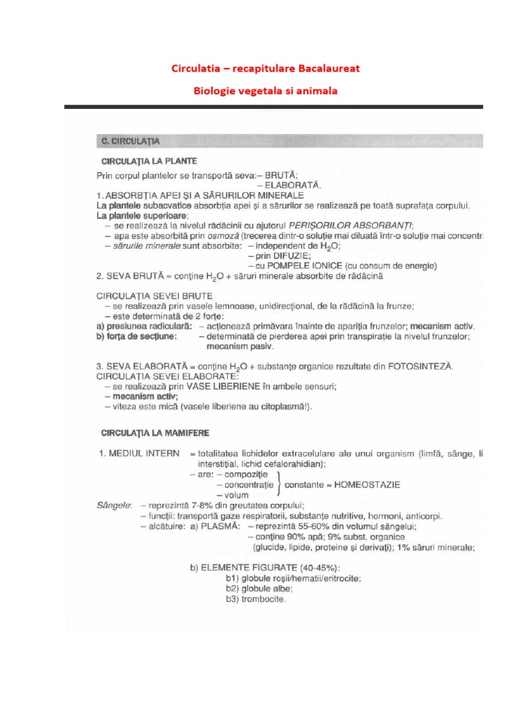 Circulatia - Recapitulare Bac Biologie Vegetala Si Animla | PDF
