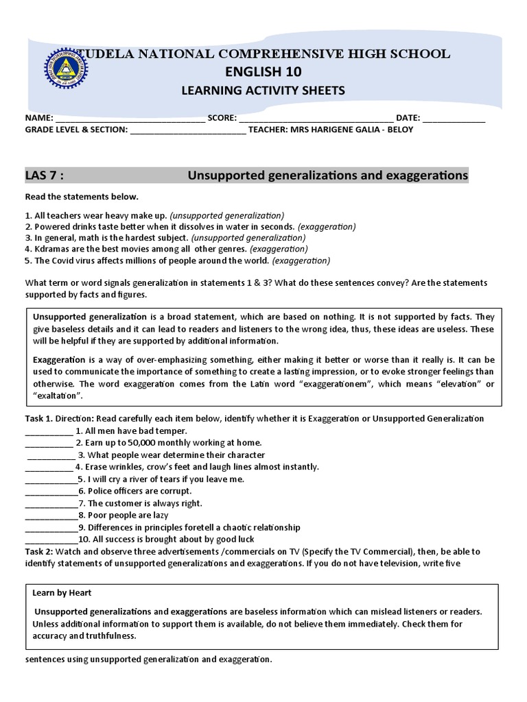 English 10: Tudela National Comprehensive High School Learning Activity ...