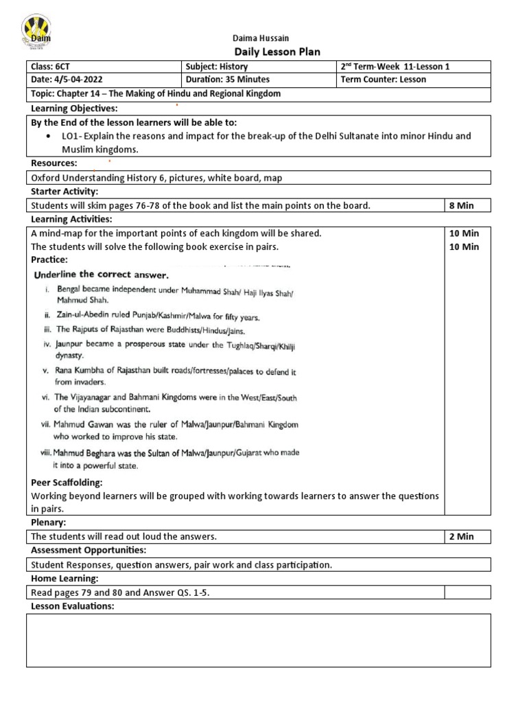History W12 Class 6 TC | PDF | Lesson Plan | Learning