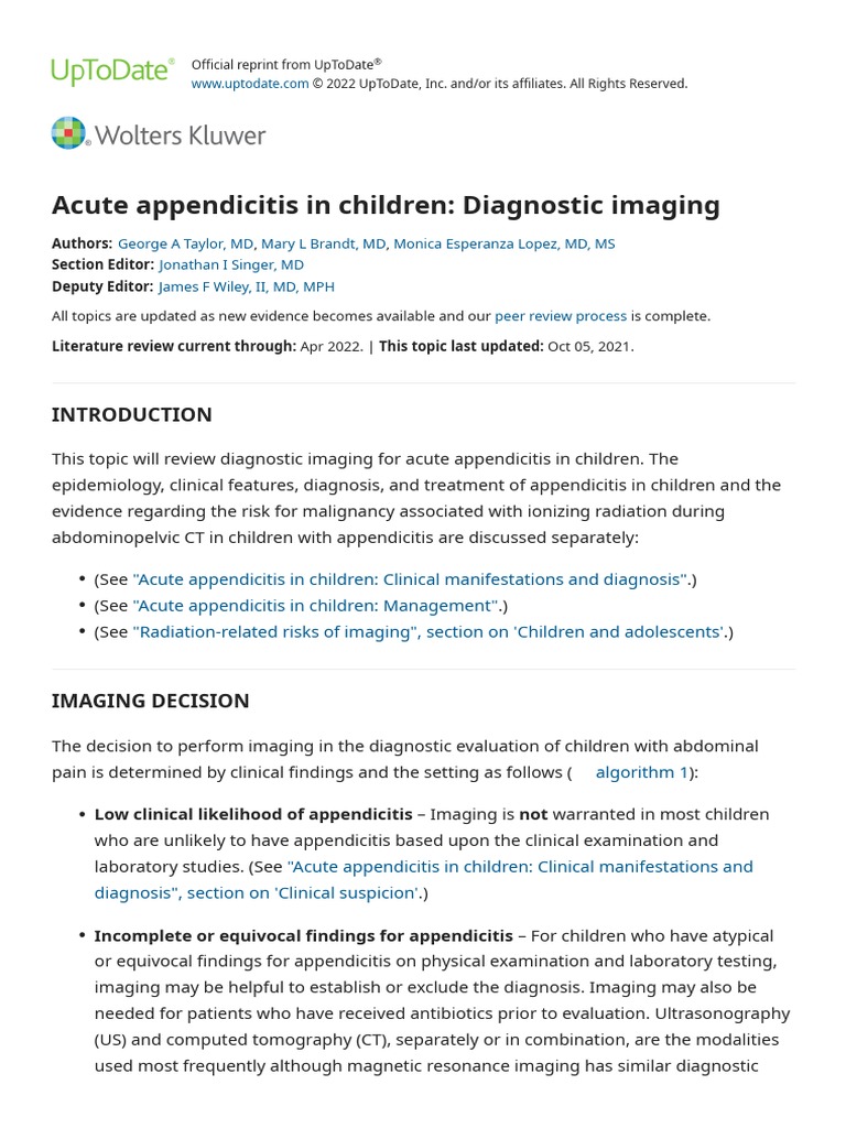 Acute Appendicitis in Children - Diagnostic Imaging - UpToDate | PDF ...