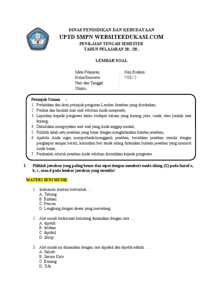 Soal PTS 2 Seni Budaya Kelas Viii K13 | PDF | Seni