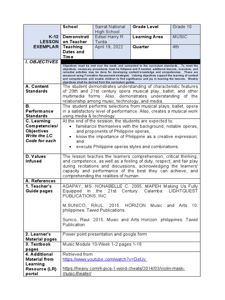 Philippine Opera Lesson Plan | PDF | Learning