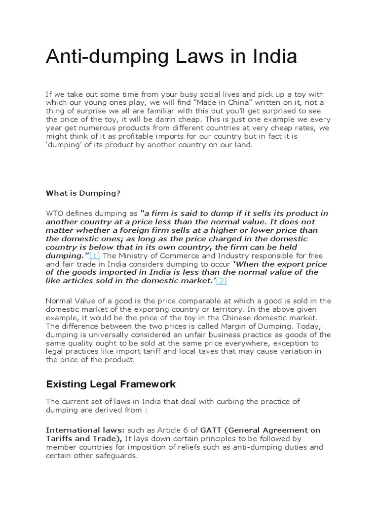 Anti-Dumping Laws in India: Existing Legal Framework | PDF | Dumping ...