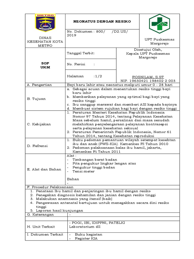 SOP Neonatus Berisiko Puskesmas | PDF