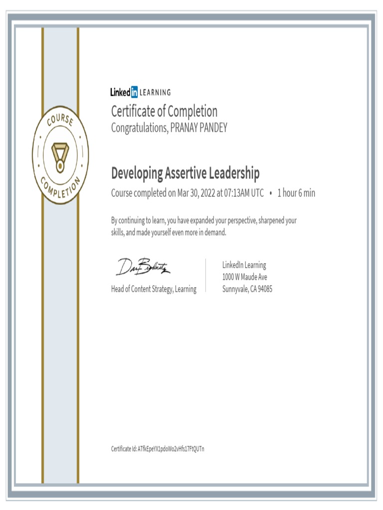 CertificateOfCompletion - Developing Assertive Leadership | PDF | Career & Growth