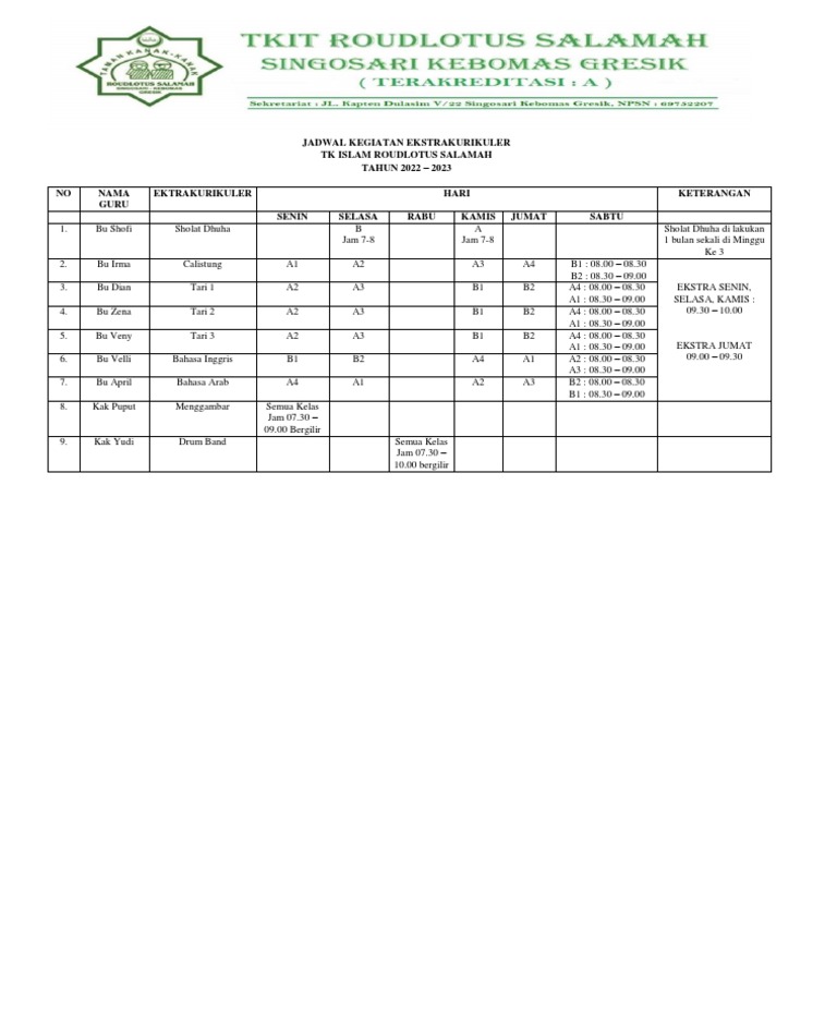 Jadwal Ekstra Kurikuler 2023 | PDF