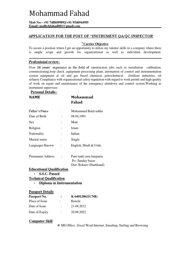 Application for Instrument QA/QC Inspector | PDF | Instrumentation ...