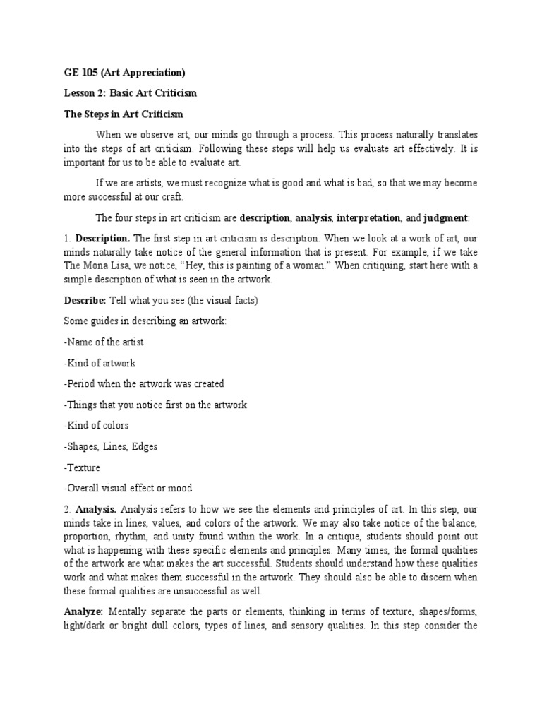 GE 105 (Art Appreciation) Lesson 2: Basic Art Criticism The Steps in ...