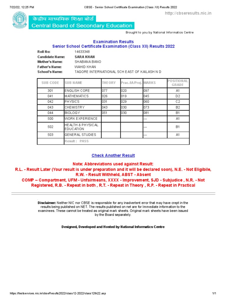 CBSE - Senior School Certificate Examination (Class XII) Results 2022 | PDF
