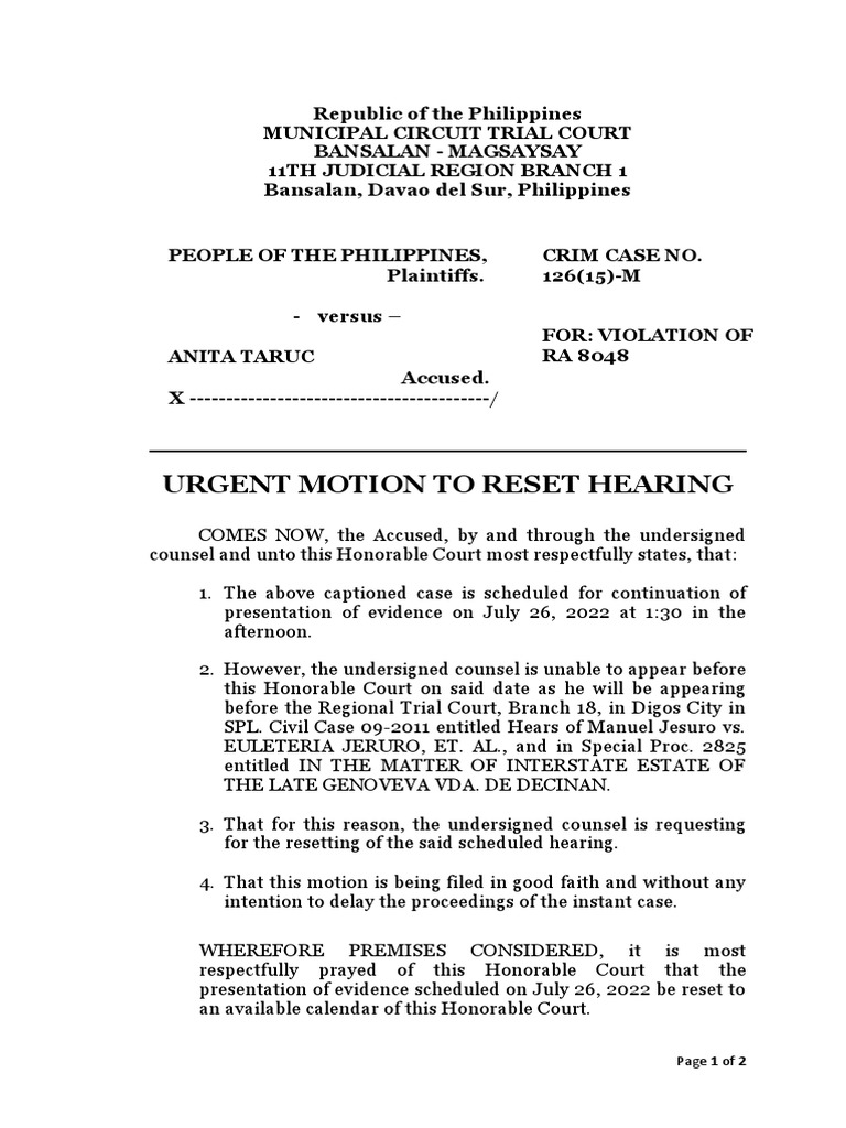 Motion To Reset | PDF