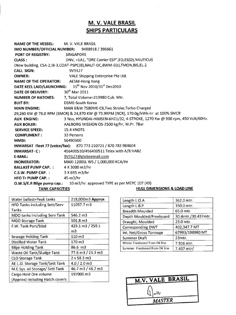 MV Vale Brasil - Ship's Particulars | PDF
