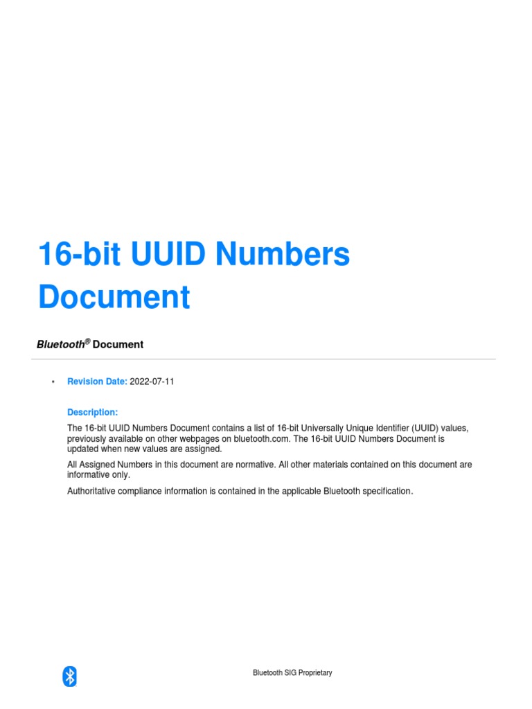 16-Bit UUID Numbers Document | PDF | Bluetooth | Kilogram