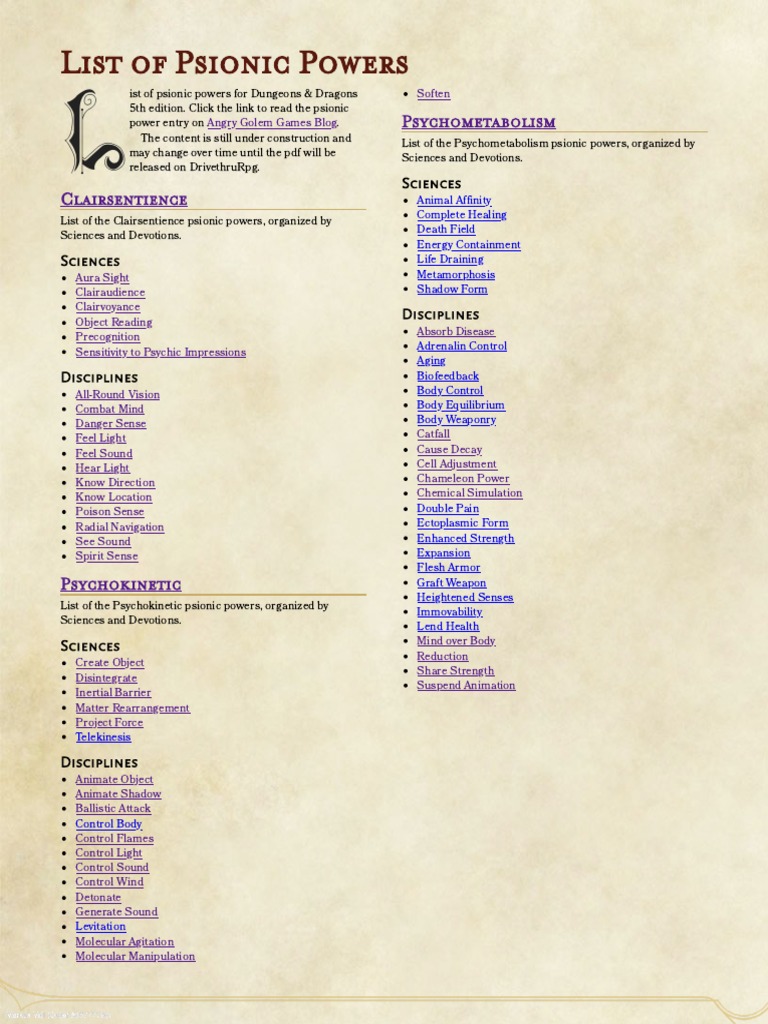 List of Psionic Powers: Psychometabolism | PDF | Telepathy | Paranormal